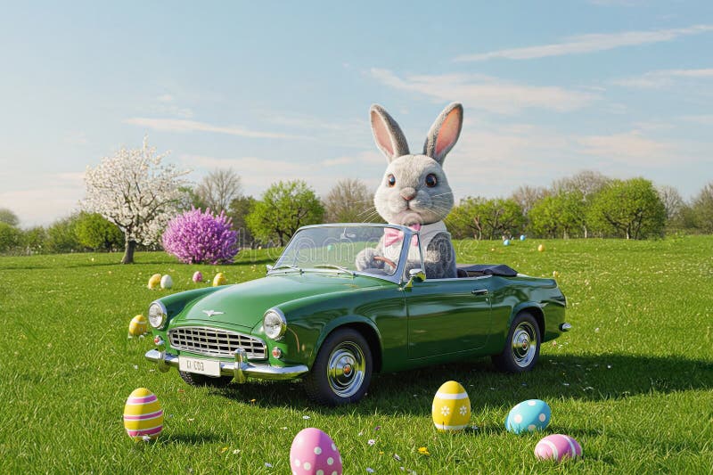 Easter Bunny in a Car Driving on a Green Lawn Stock Illustration ...