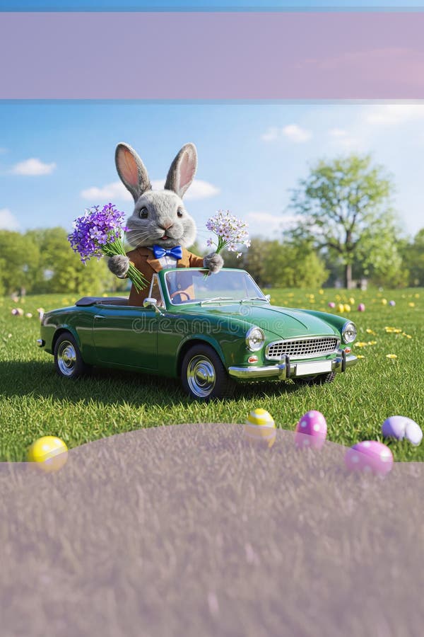 Easter Bunny in a Car Driving on a Green Lawn. Stock Illustration ...