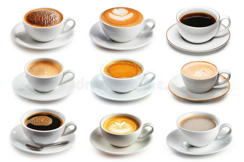 Eight Different Specialty Coffee Drinks in Glass Cups on Saucers ...
