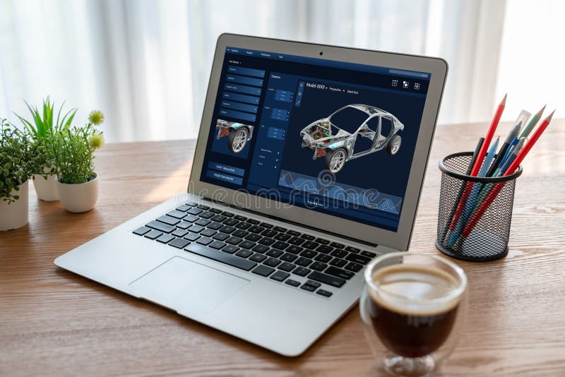 Electric Car Design Software on Computer Screen Show Simulation ...