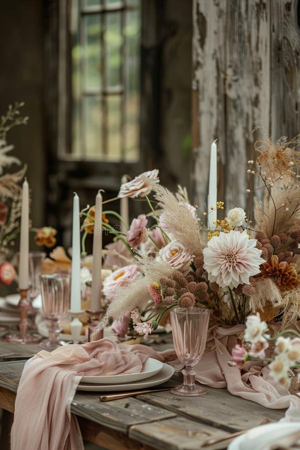 Elegantly Set Boho-style Wedding Table Featuring Rustic Wooden Elements ...
