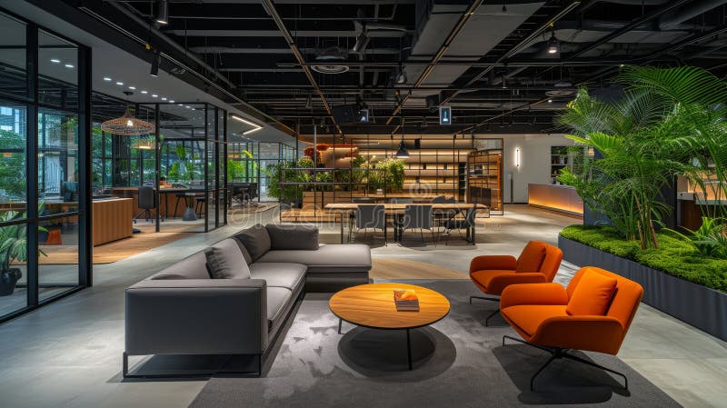 Employees Enjoying a Relaxed Atmosphere in a Modern Office Lounge with Lush Greenery. Stock ...