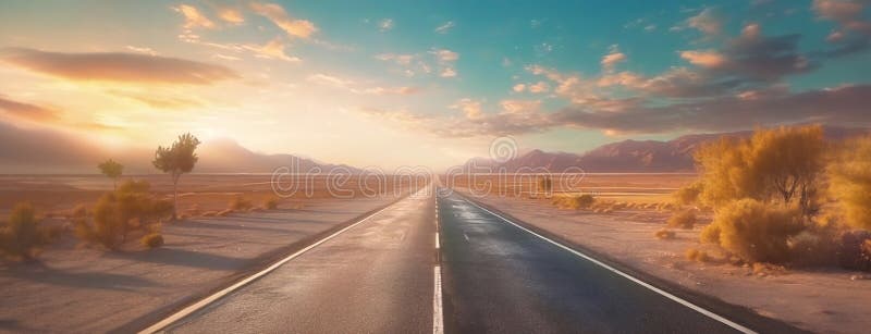 An Empty Asphalt Road Stretching into the Horizon, Flanked by Desert ...