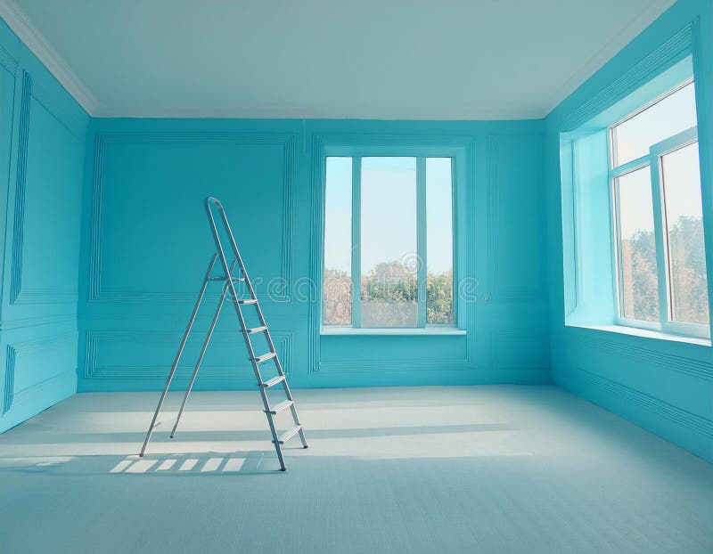 Empty Blue Room with Ladder and Natural Light from Windows Stock Photo ...