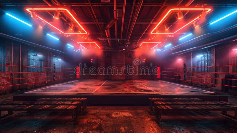 Empty Boxing Ring Stands Illuminated by Neon Lights in a Dark Loft ...
