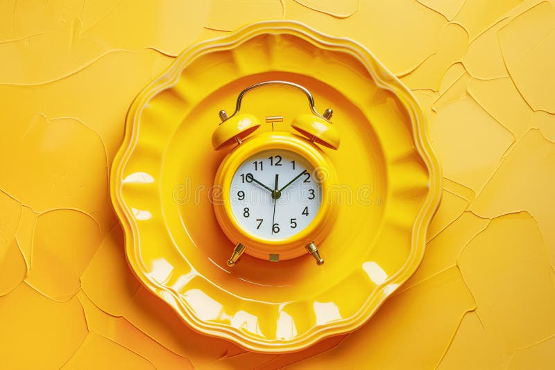 Empty Plate with Alarm Clock on Yellow Background, Intermittent Fasting ...