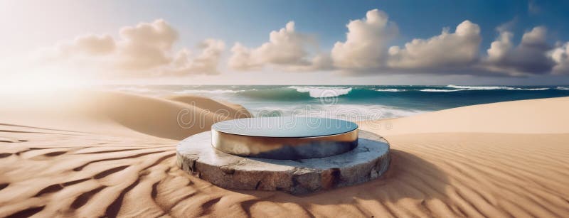 Empty Round Concrete and Polished Steel Platform Podium in Desert Sand ...