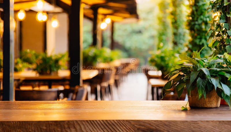 Empty Wooden Countertop with Blurred Cafe Interior and Lights on ...