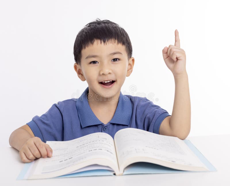 Excited Asian Child Schoolboy Studying at Home and Hand Pointing Up ...