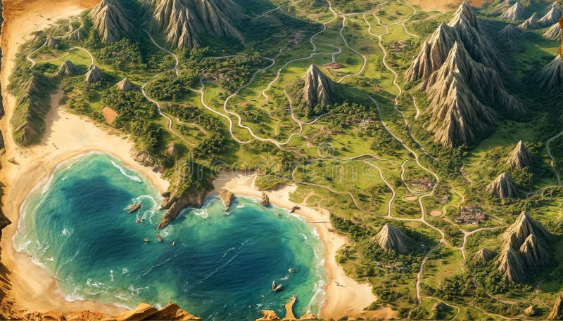 Fantasy Map. Game Landscape with Mountain Forest and River Stock ...