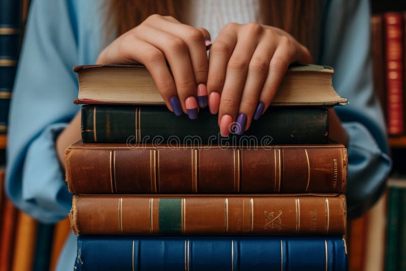 Female Hands are Placed on a Large Pile of Thick Old Books. Young ...