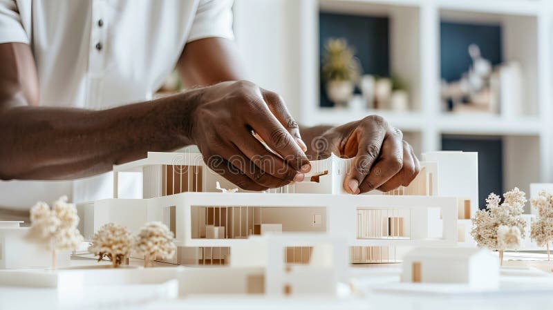 Focused African American Male Architect Engaging in Model Construction ...