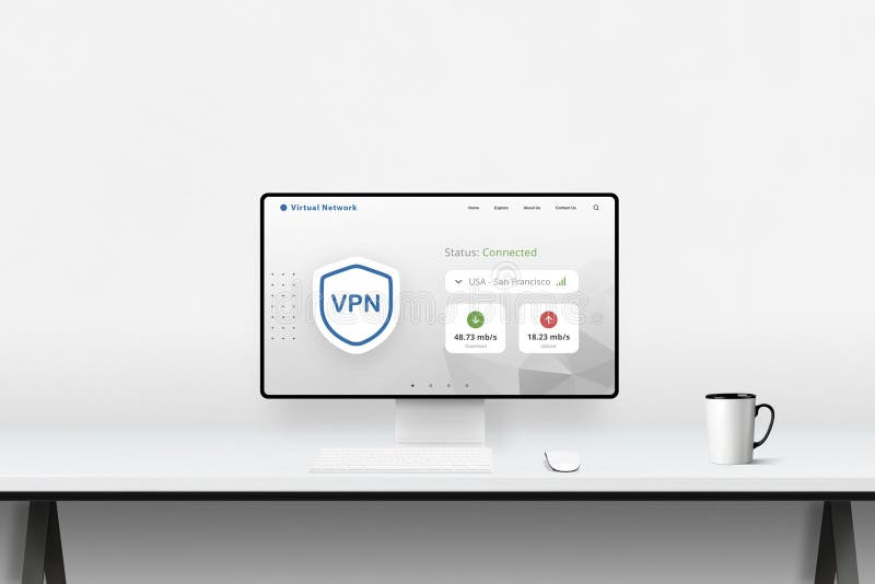 Front View of a Workstation with a Display Showing a Stylish VPN ...