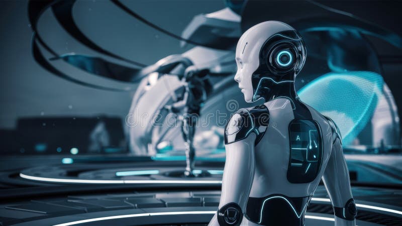 A Futuristic Robot Standing in a Circular Room with Lights, AI Stock ...