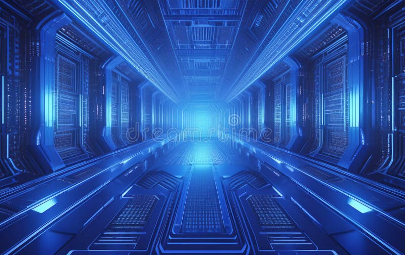 The Futuristic Digital Hallway Has Bright Blue Lights, Creating a ...