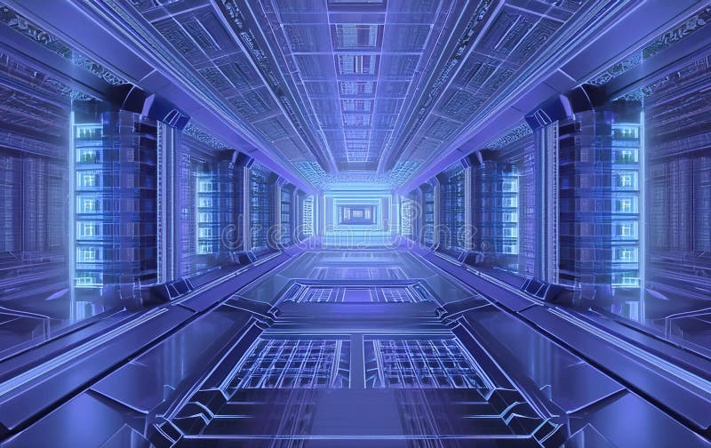 The Futuristic Digital Hallway Has Bright Blue Lights, Creating a ...