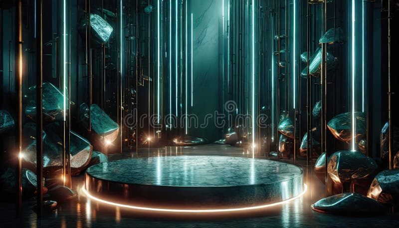 A Futuristic Stage with Glowing Blue Lights, Surrounded by Metallic ...