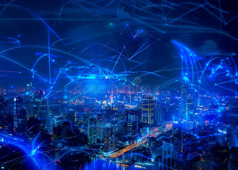 Night City with Skylines 5G 6G Wireless Network Connection Stock Image ...