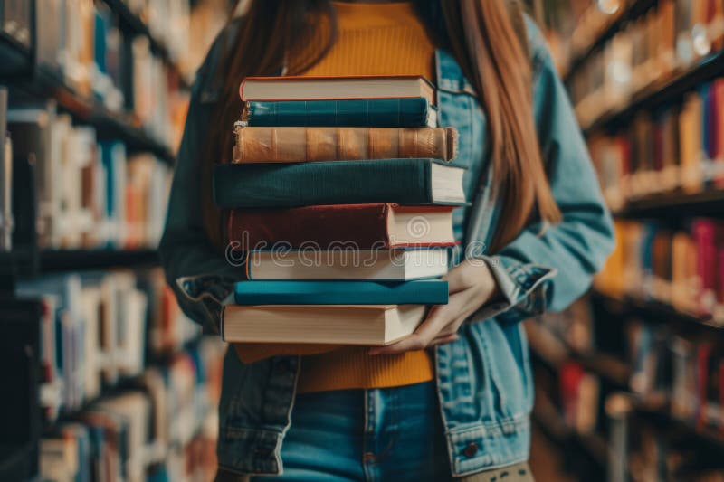 A Girl in the Library Holds a Stack of Books in Front of Her Stock ...
