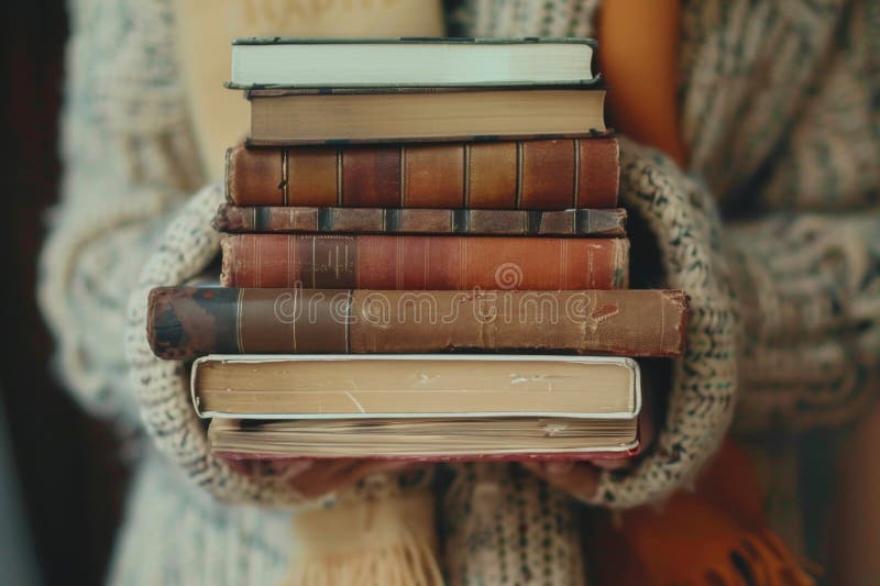 A Girl on the Street Holds a Stack of Books in Front of Her Stock Photo ...