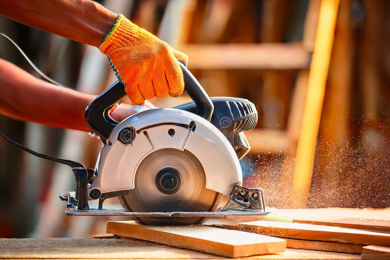 Worker Using Circular Saw To Cut Wooden Planks at Construction Site ...