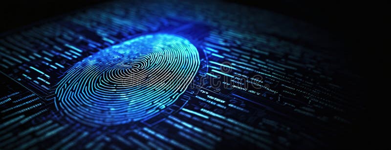 Glowing Blue Fingerprint Over Digital Binary Code Cyber Security