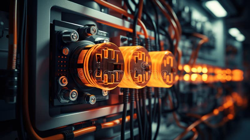Orange Power Sockets on a Modern Server Rack Stock Illustration ...