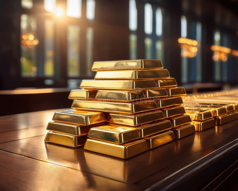 Gold stacked in a bank stock illustration. Illustration of stacked ...