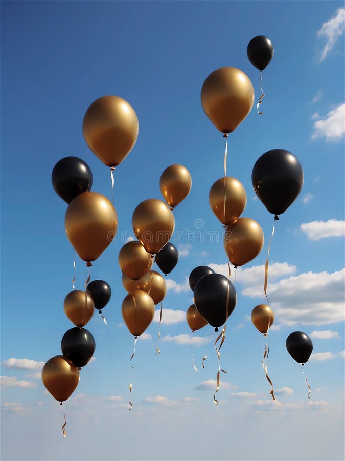 Gold and Black Balloons Flying in the Sky Stock Image - Image of ...