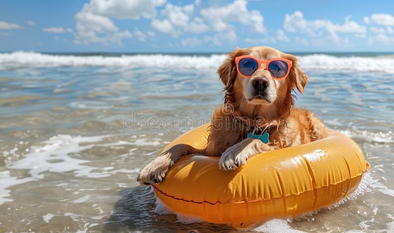 Golden Retriever Relaxing in Inflatable Ring at Sunny Beach Stock Photo ...