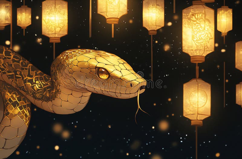 A Majestic Golden Snake Weaves through Glowing Lanterns Under a Starlit ...