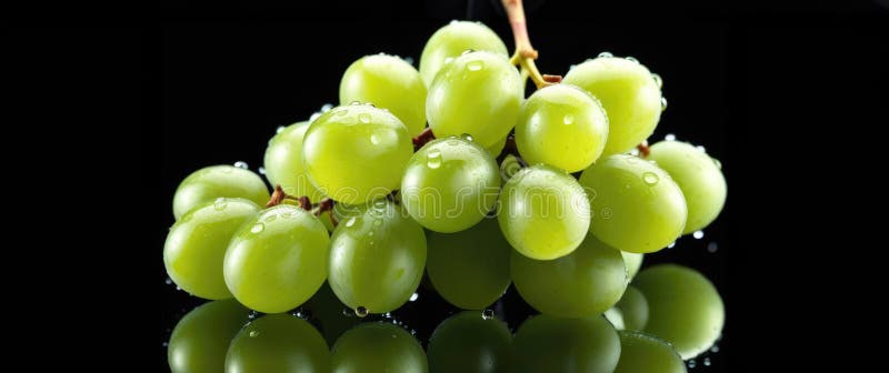 Ripe Green Grapes on Black Mirror Surface with Reflection of Grapes, Sparkling Water Droplets ...
