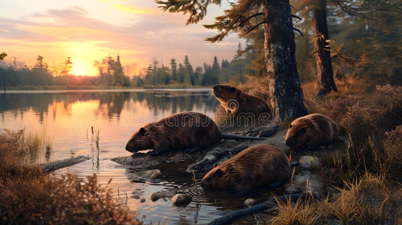 Group of Beavers at the Bank of the Forest River. Stock Illustration ...