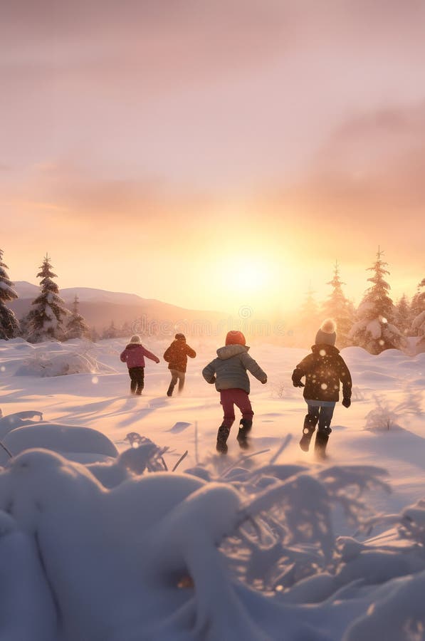 Children Running in Winter Field. Stock Illustration - Illustration of ...