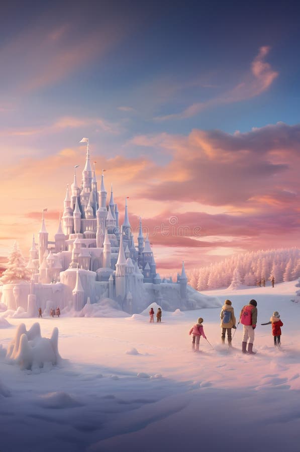 Group of Children Standing at the Snow Castle. Stock Illustration ...