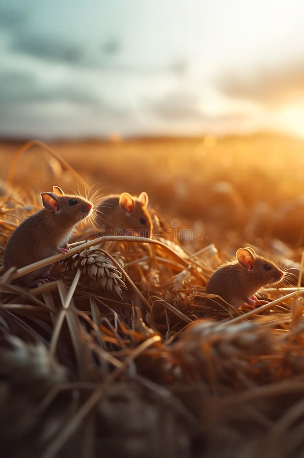 Mice in the Harvested Field in Summer Evening. Stock Illustration ...