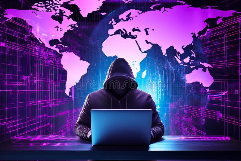 Hacker Initiating Global Cyber Attack Using Laptop in Server Room Stock Illustration ...