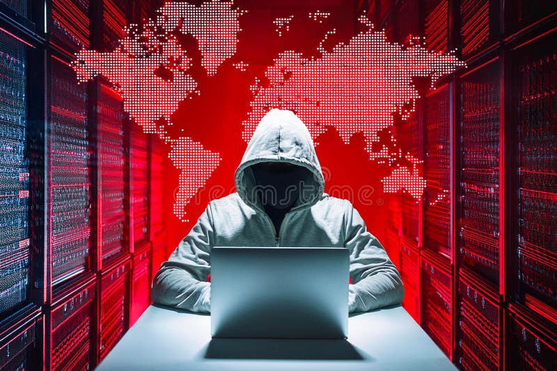 Hacker Initiating Global Cyber Attack Using Laptop in Server Room Stock ...