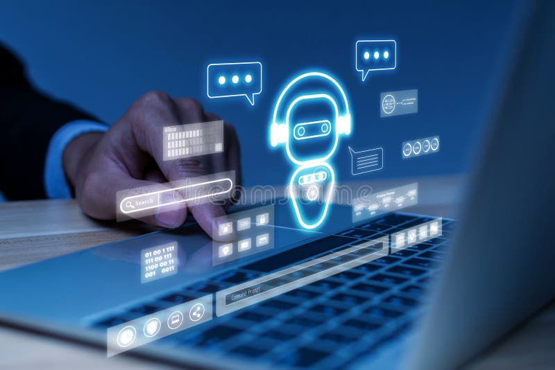 Hand Touching on Laptop Computer with Holographic AI Technology Icons ...