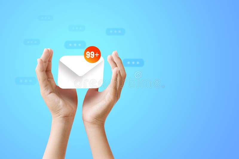 Hands Presenting an Envelope with a 99+ Notification Stock Image ...