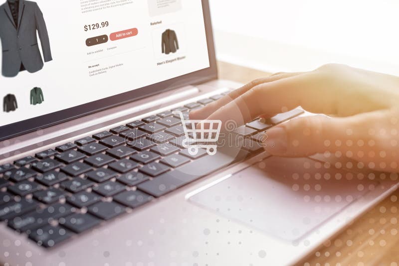 Hands Shopping Online on Laptop with Shopping Cart Icon. E-commerce Web ...