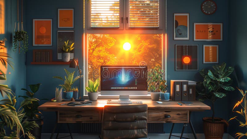Modern Home Office Desk with Sunset View and Plants Stock Photo - Image ...