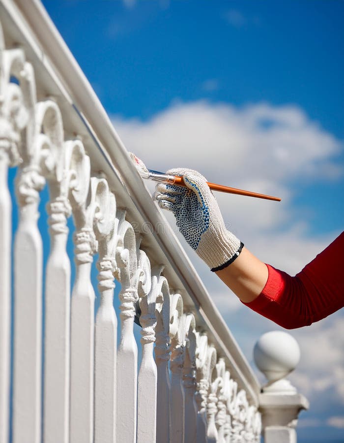 Man Painting Elegant White Railing with Ornamental Details Under Blue ...
