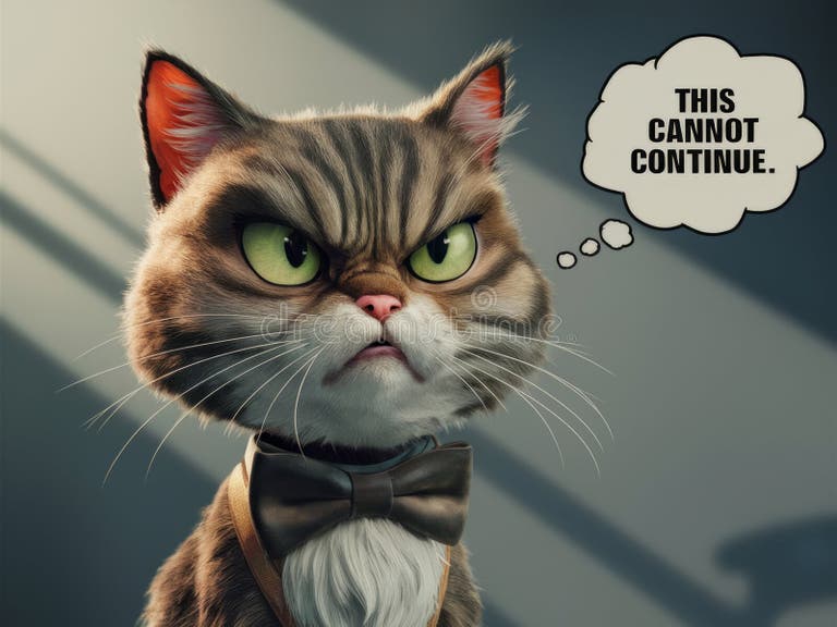Grumpy Cat with Bow Tie and Thought Bubble Saying this Cannot Continue ...