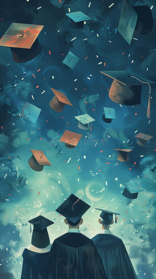 Illustration of Students Celebrate Academic Success. Graduation Caps ...