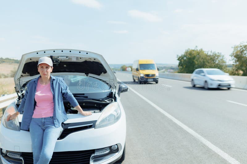 Worried Female Driver Facing Car Breakdown on Speedway Stock Image ...