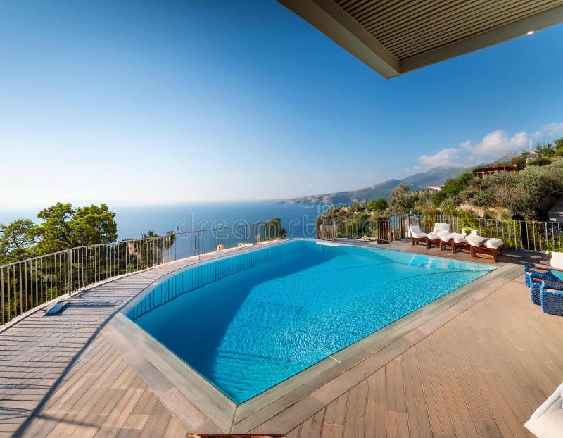 Infinity Pool with Ocean View and Lounge Chairs on Wooden Deck Stock ...