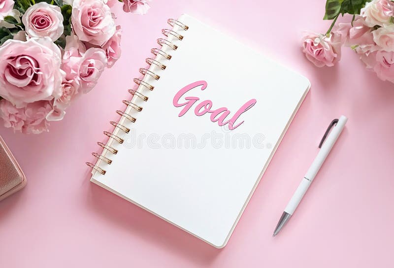 Inscription Goal in White Notebook on Pink Background Top View. Stock ...