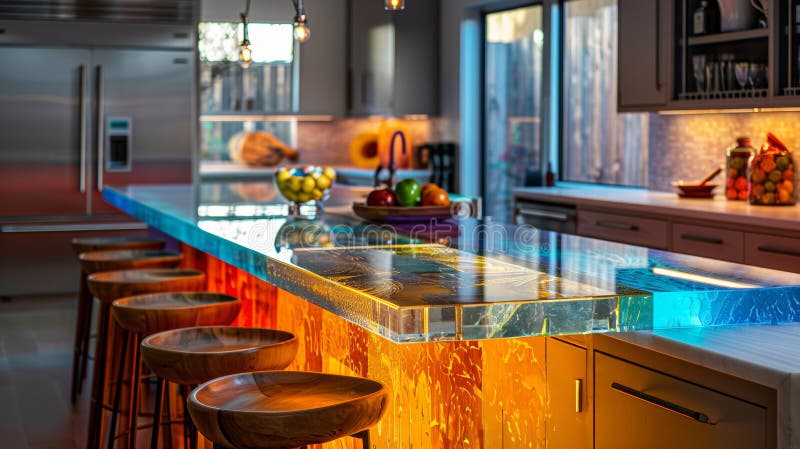 A Kitchen with a Counter Top and Bar Stools in the Center, AI Stock ...