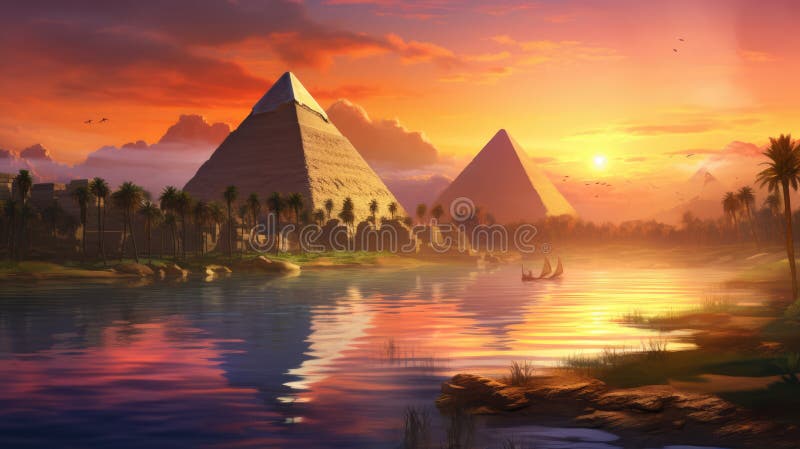 Landscape with Ancient Egyptian Pyramids, Beautiful Sky and Sunset. the ...